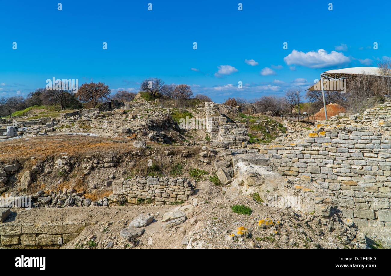 Walls, ruins and remains of the ancient Greek city of Troy in the ...