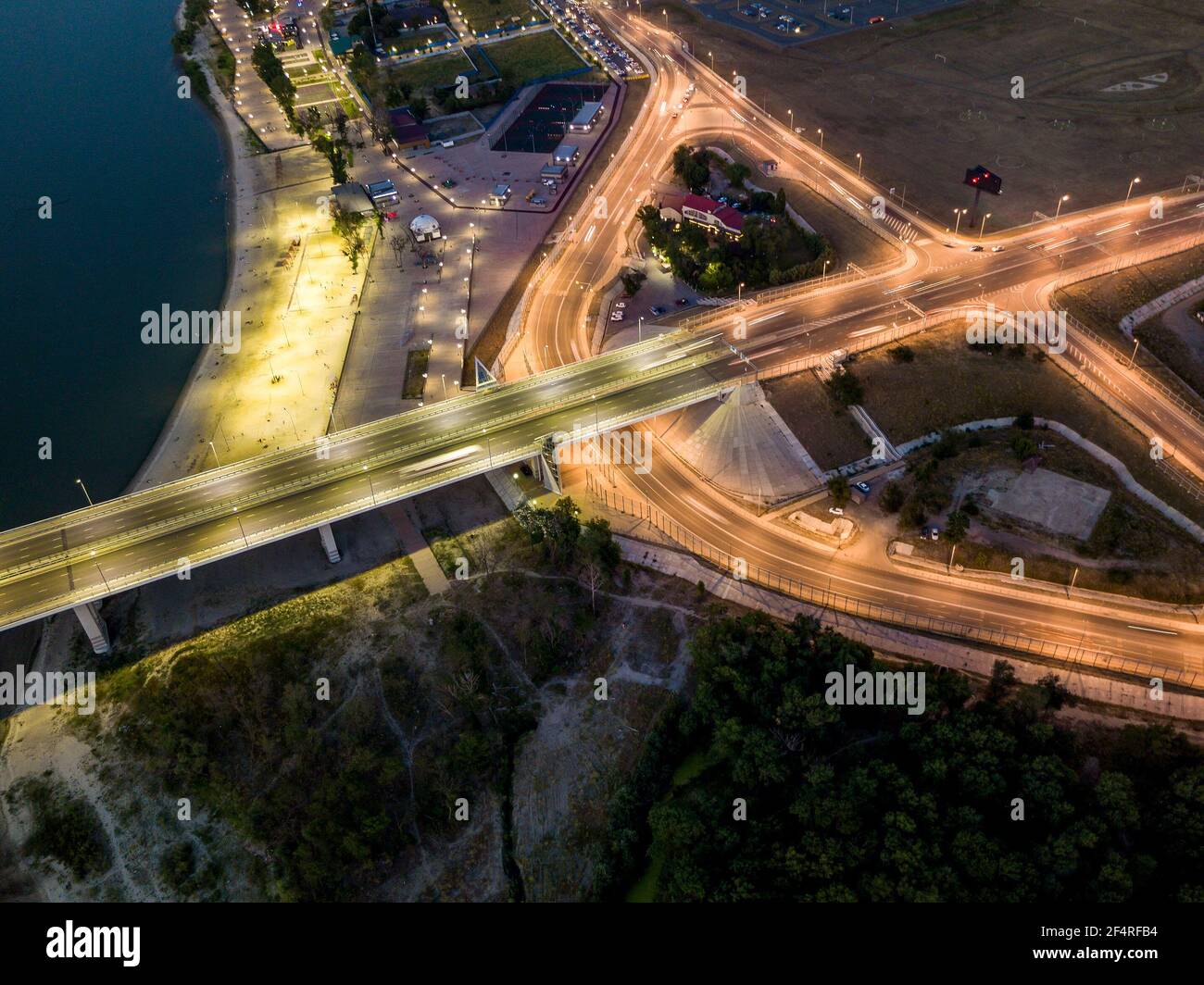 Aerial top view of junction of road shaped like a triangle. Modern ...