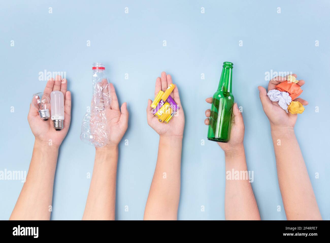 Five types of garbage in human hands - sorting, recycling waste concept ...