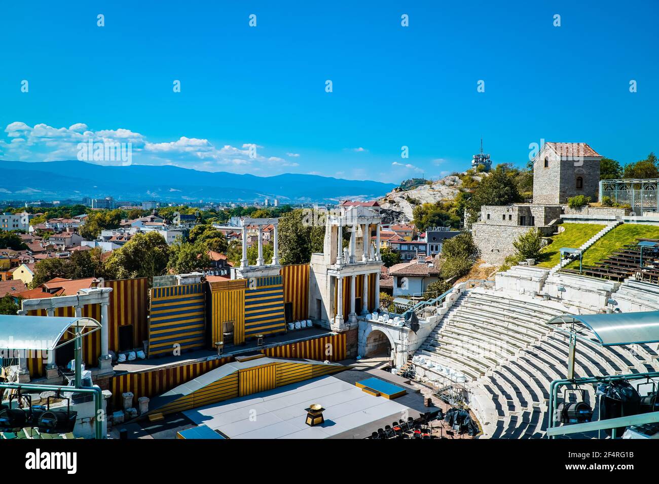 A view of the ancient Roman Theatre in Plovdiv, Bulgaria with beautiful ...