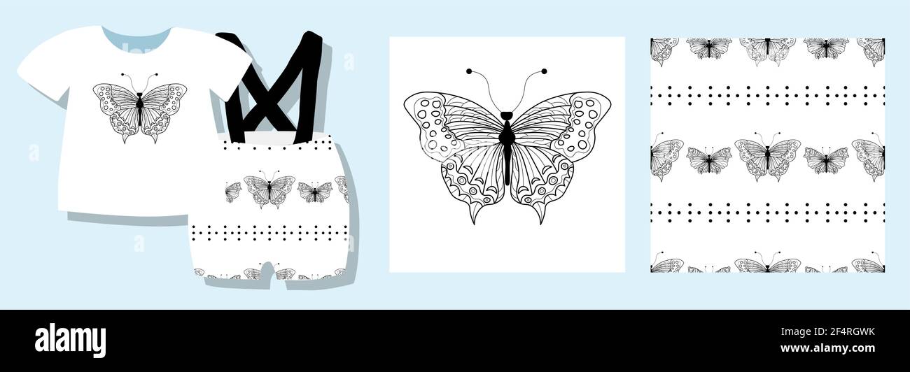 A funny print for baby clothes. Cute pattern with butterflies. T-shirt ...