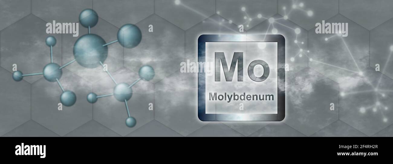 Mo symbol. Molybdenum chemical element with molecule and network on ...