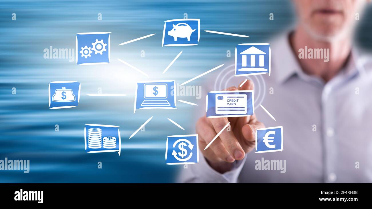 Man touching an online banking concept on a touch screen with his ...