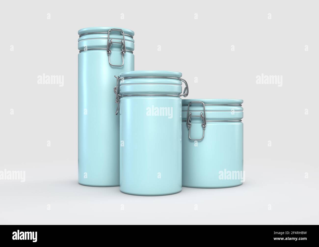 A collection of blue ceramic kitchen storage containers with wire ...