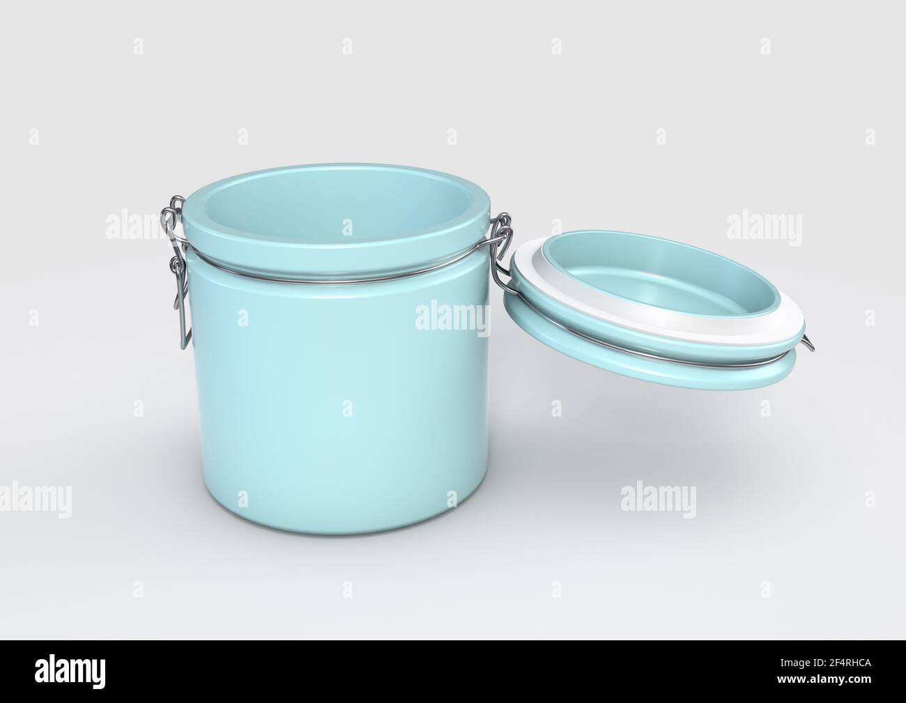 A blue ceramic kitchen storage container with wire closing mechanisms ...