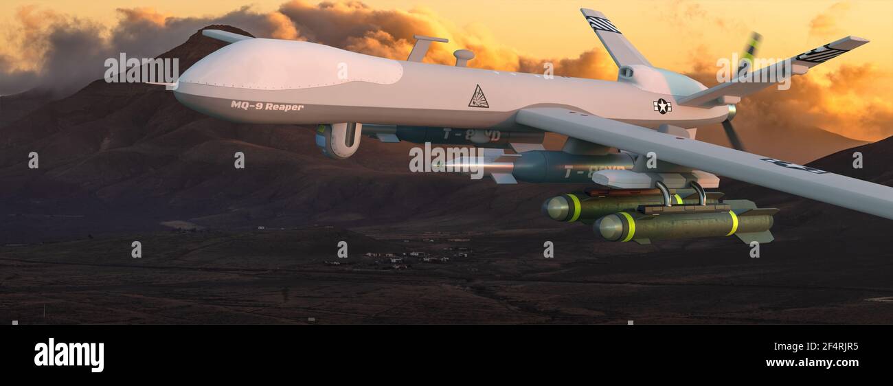 General Atomics MQ-9 Reaper drone flying over the mountains at sunset ...