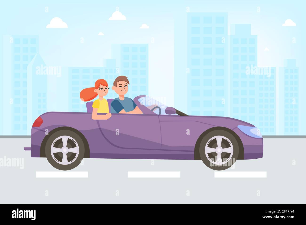 Young Couple Riding A Car Around The City Flat Vector Illustration