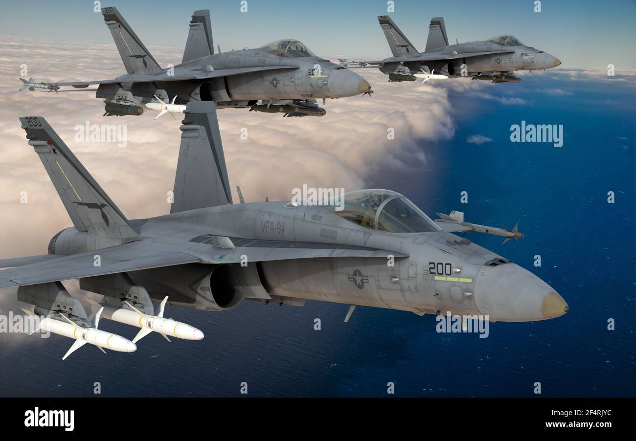 Boeing F / A-18E / F Super Hornet in flight above the clouds Stock ...