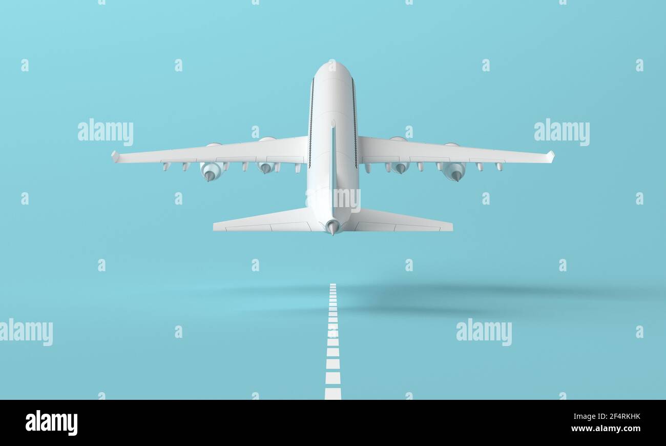 3d plane taking off from the landing strip. Back side view. 3d ...