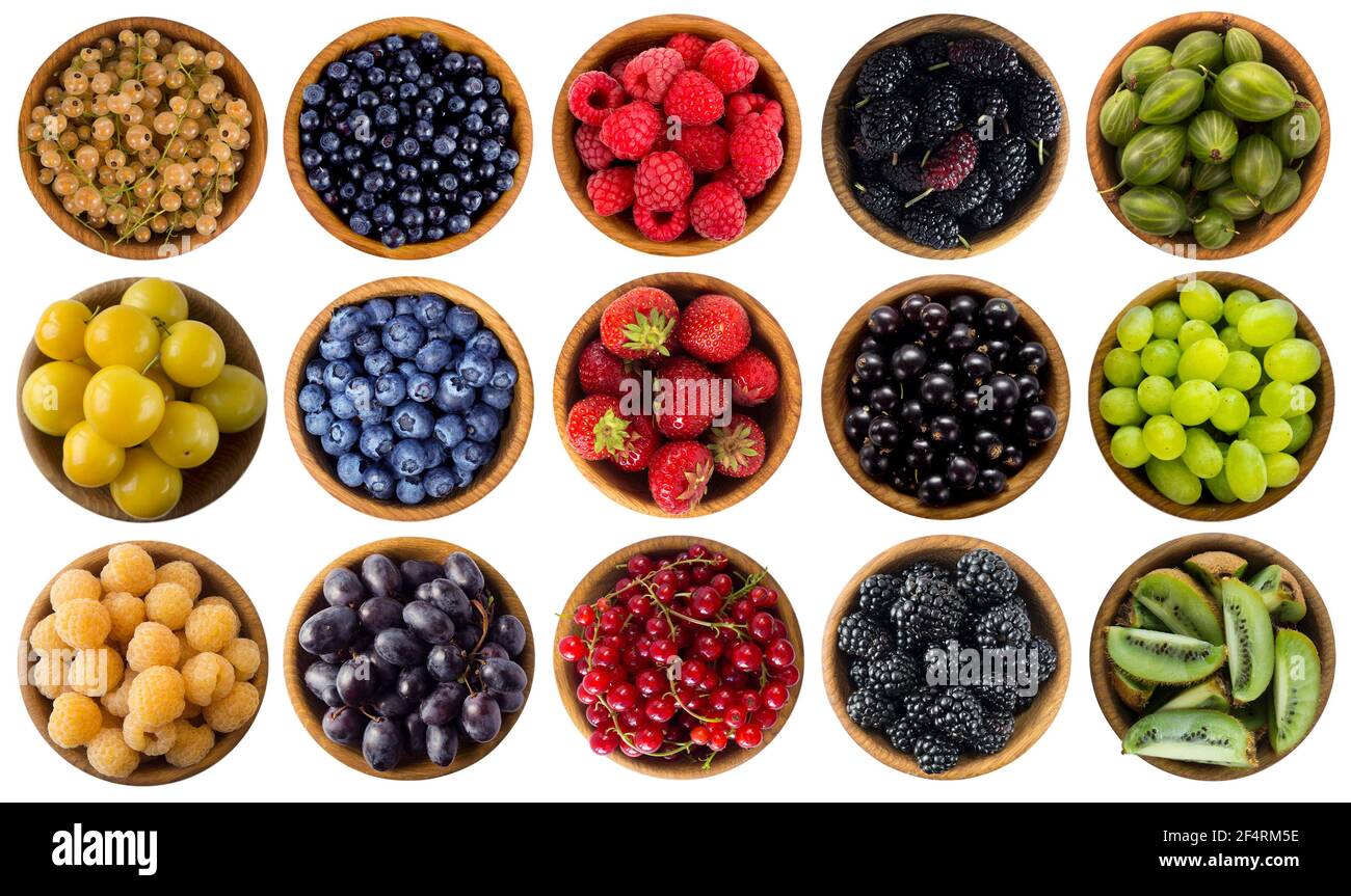 Green, yellow, red, blue and black food. Berries isolated on white ...