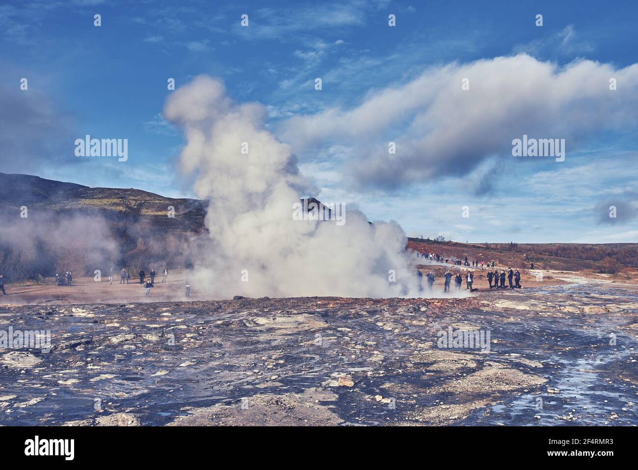 Geyser explosion in the Geysir park, Iceland Stock Photo - Alamy