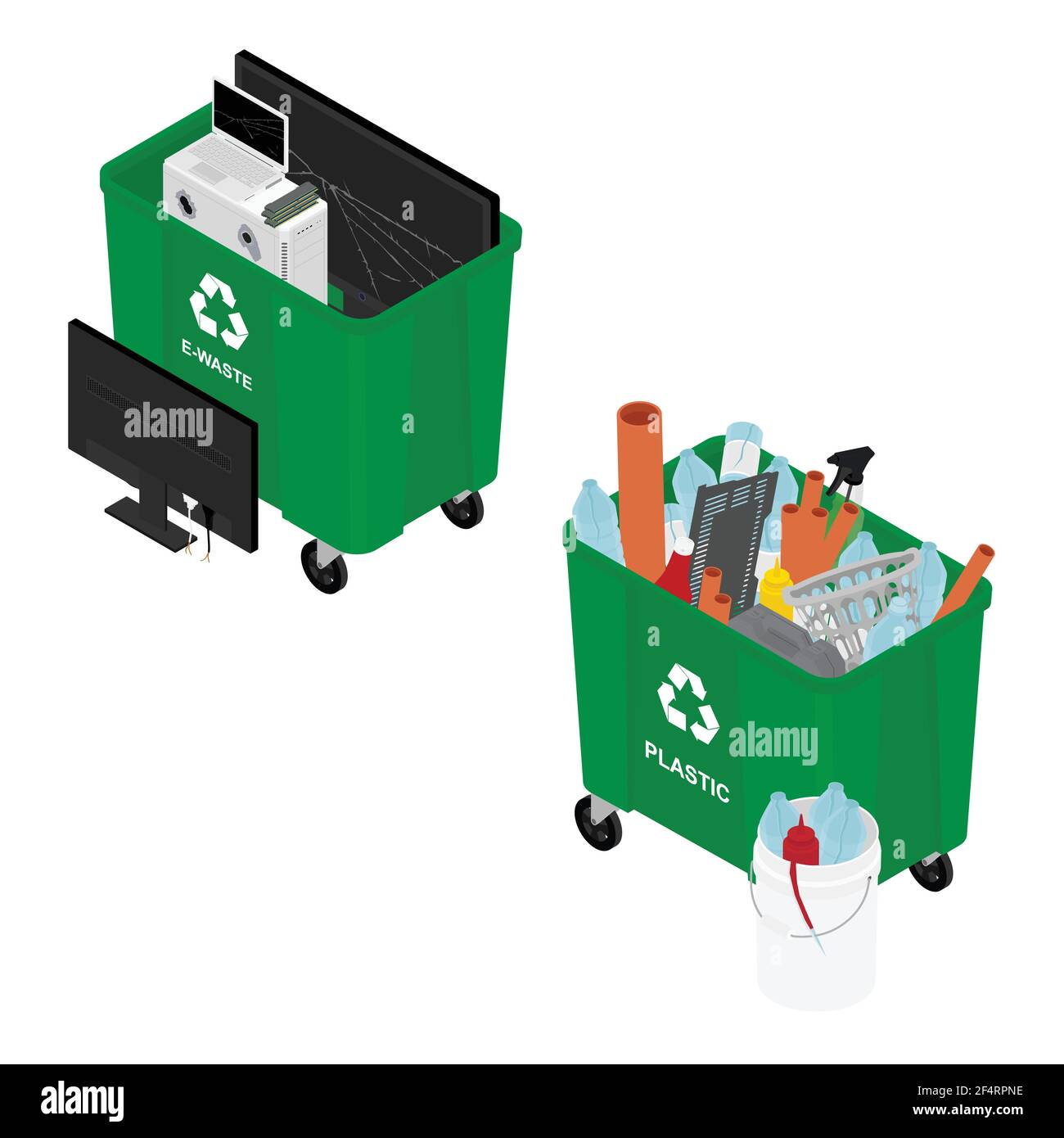 Garbage cans full of sorted garbage vector icons. Recycling garbage ...