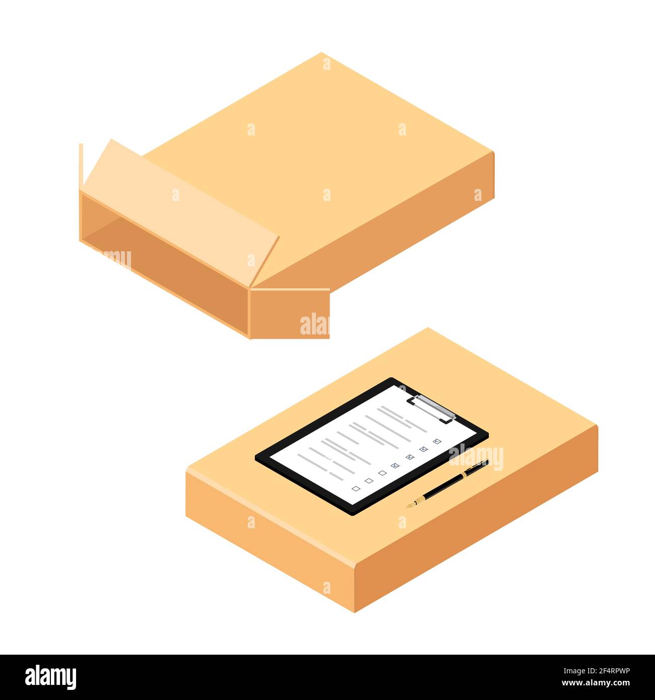 Empty open and closed cardboard box parcel with dispatch sheet invoice ...