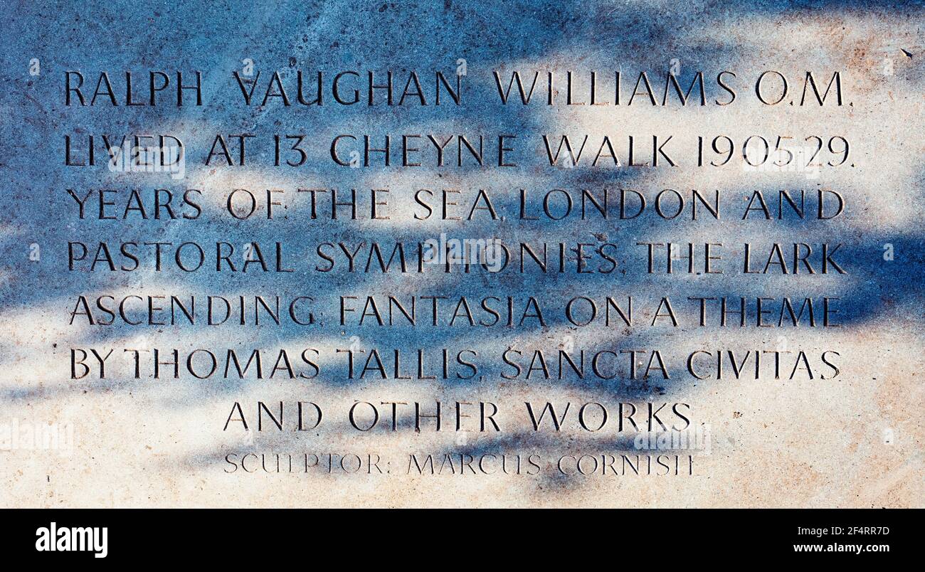 Plaque below bust of Ralph Vaughan Williams (1872-1958) in Cheyne Walk ...