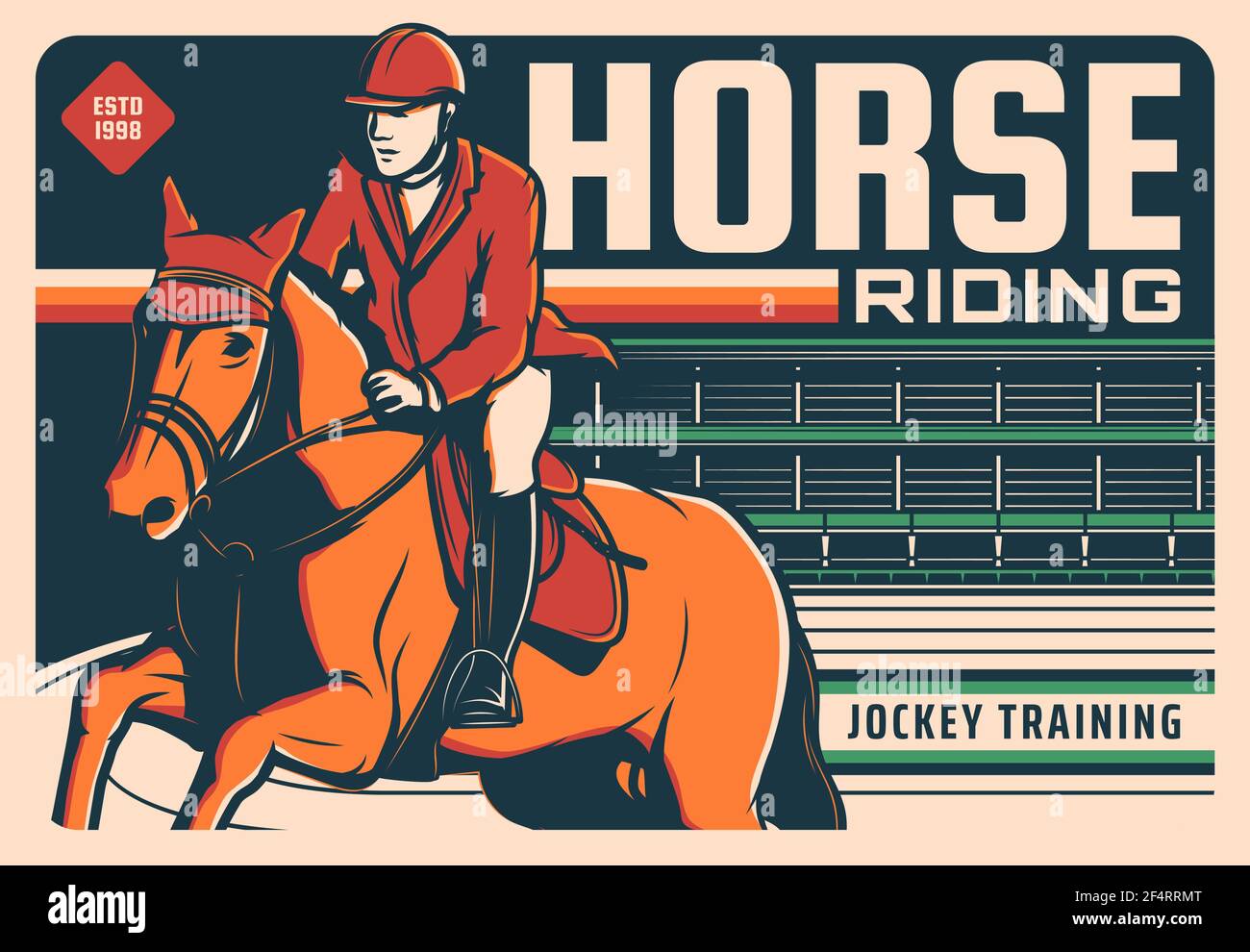 Horse races poster retro, equestrian rides and jockey training center ...