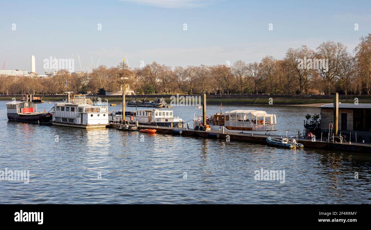 River Thames at Chelsea, London; pontoons and landing stages, and the ...