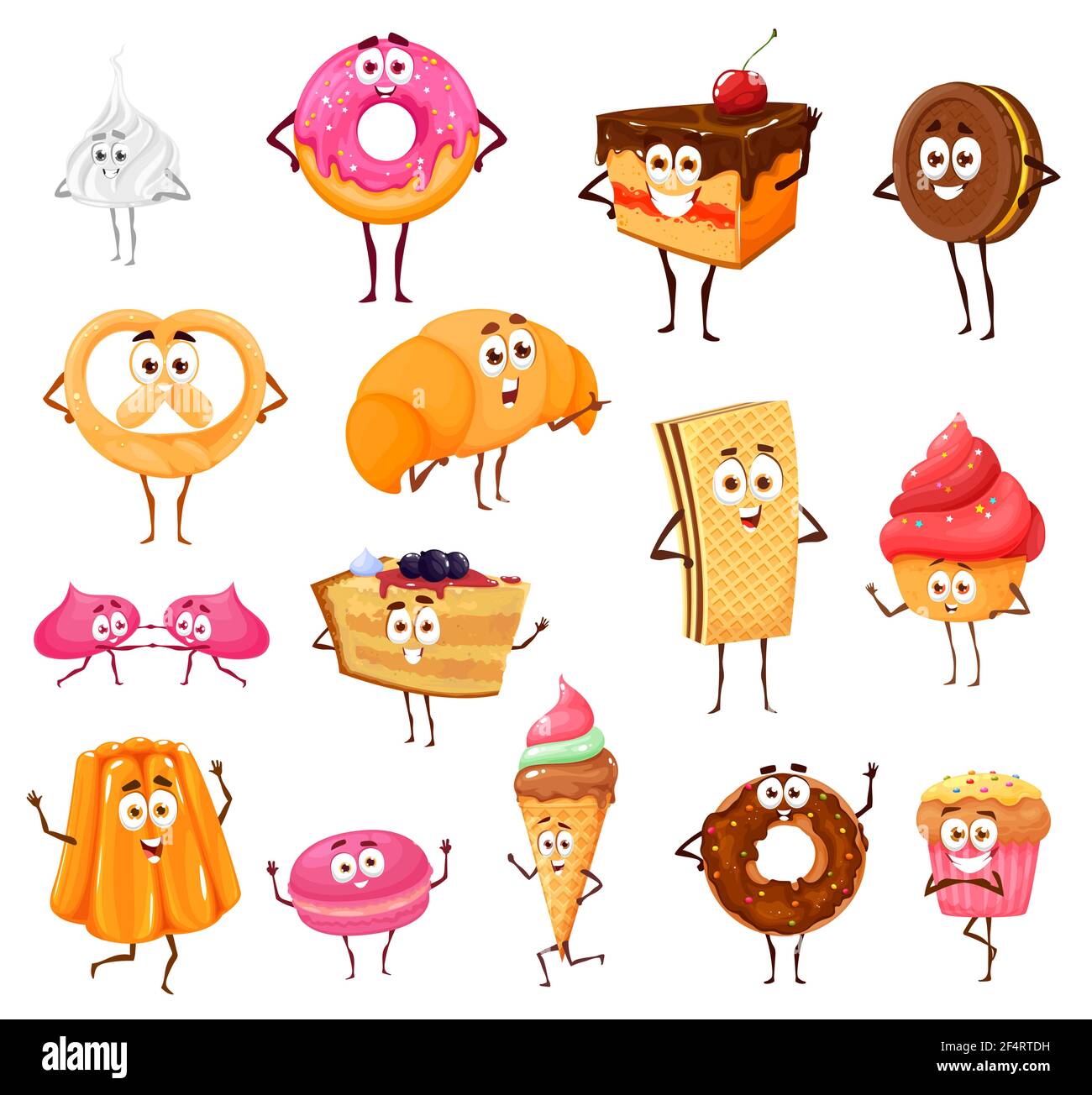 Cartoon sweets and bakery funny characters. Meringue, donut, chocolate ...