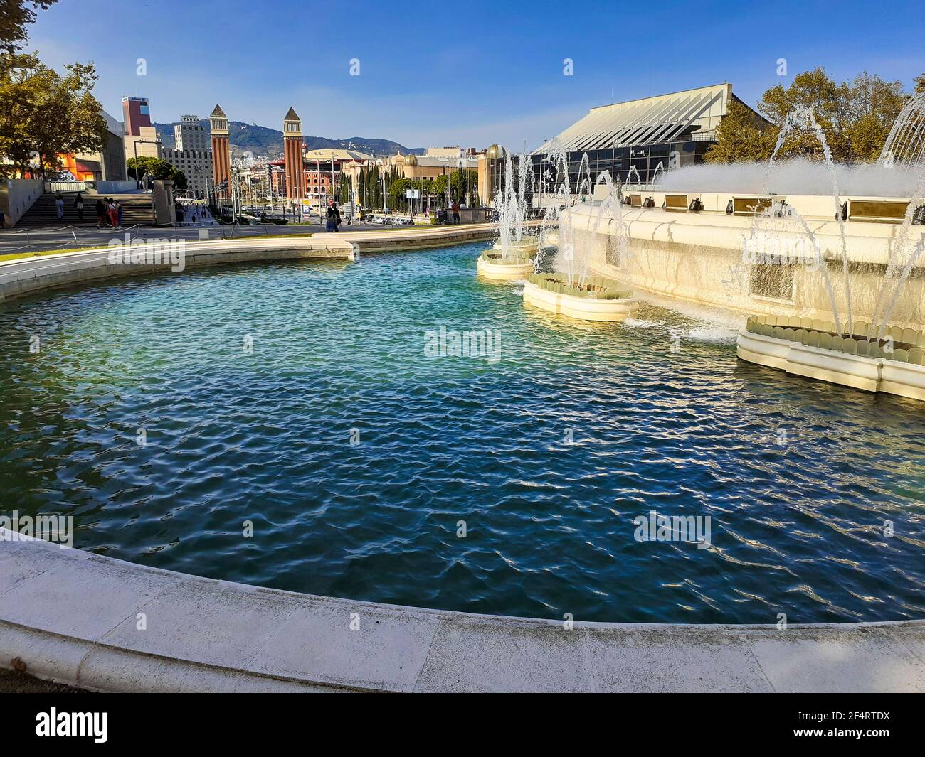 fountain, water, blue, sky, barcelona, montjuic,Magic Fountain ...