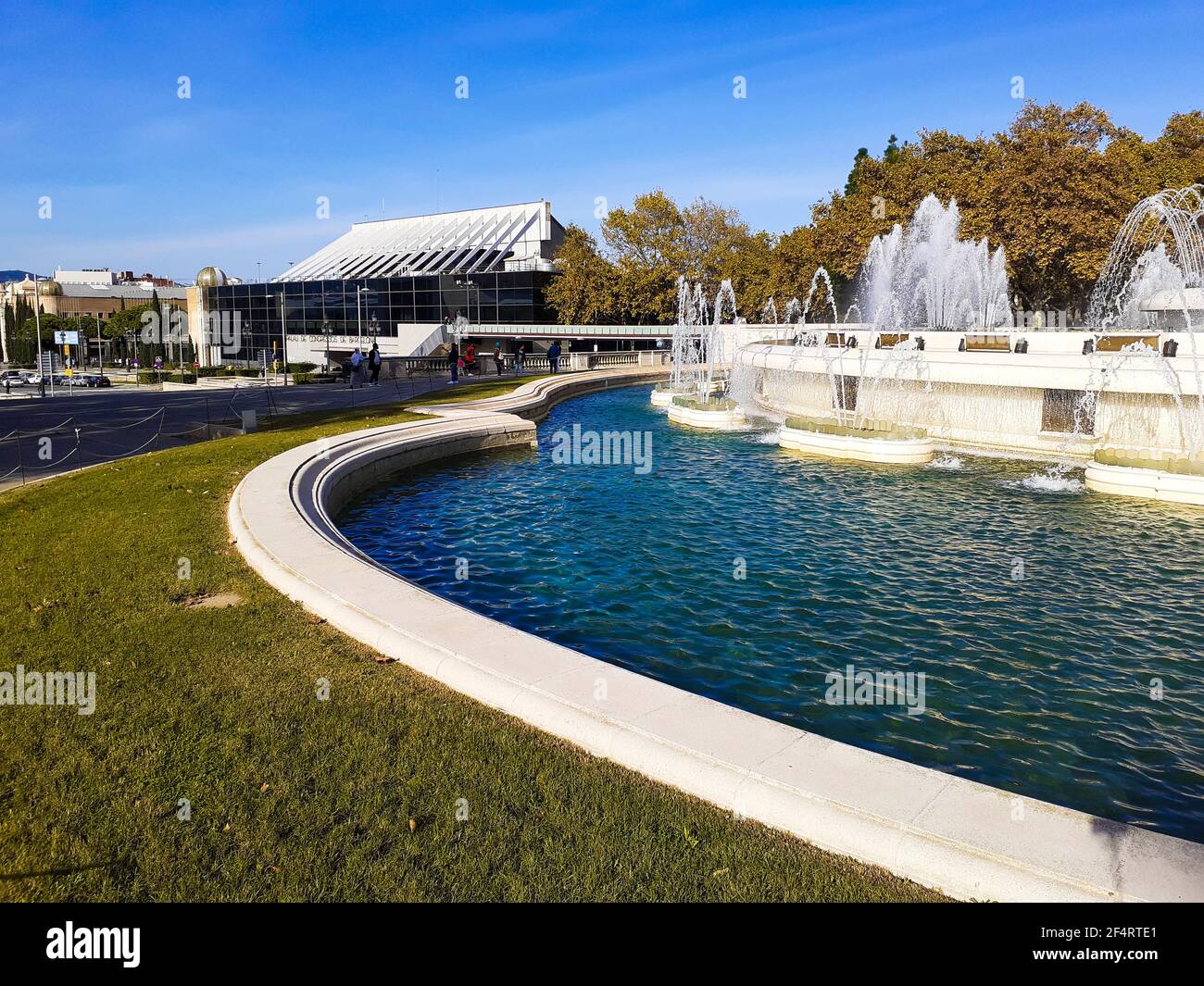 fountain, water, blue, sky, barcelona, montjuic,Magic Fountain ...