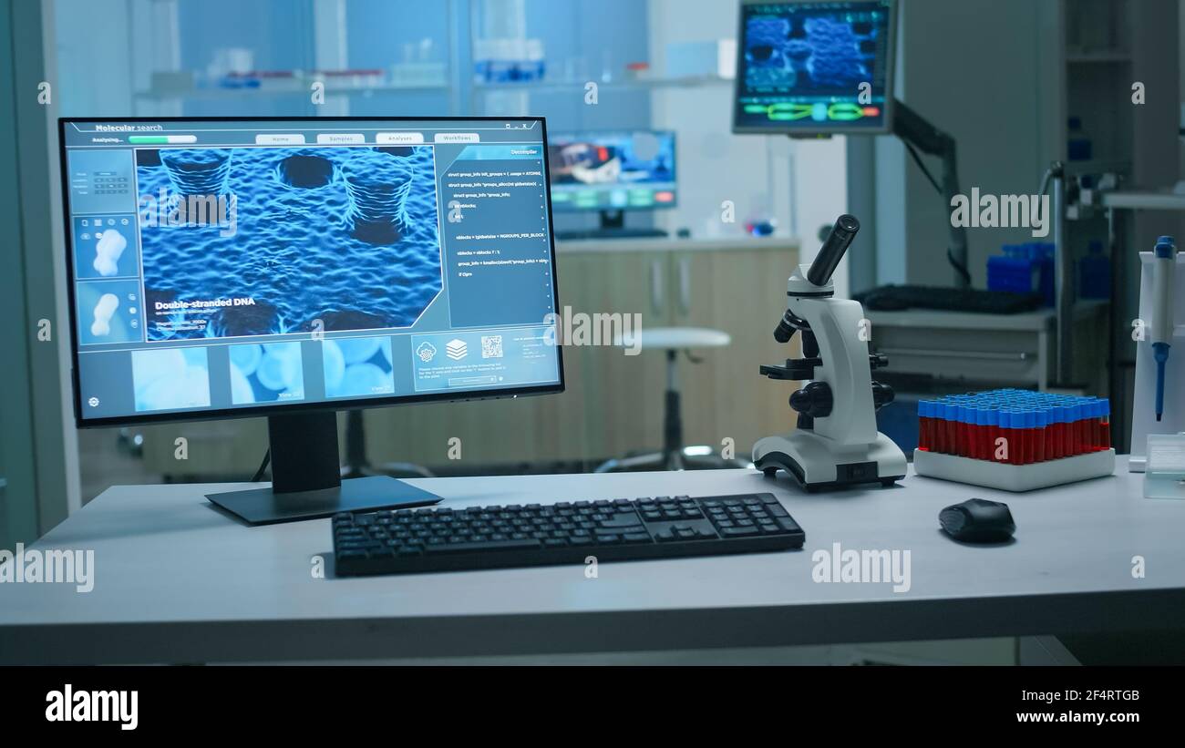 Interior of modern science laboratory with no people prepared for ...