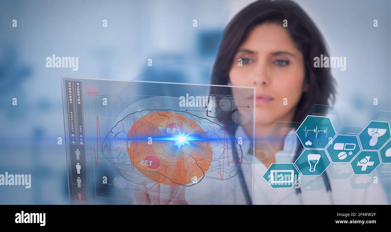 Mid section of male doctor touching screen with human brain icon and medical data processing ...