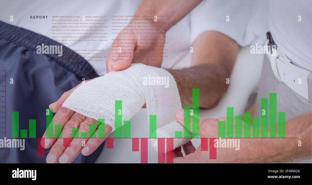 Statistical data processing against health worker tying bandage to ...