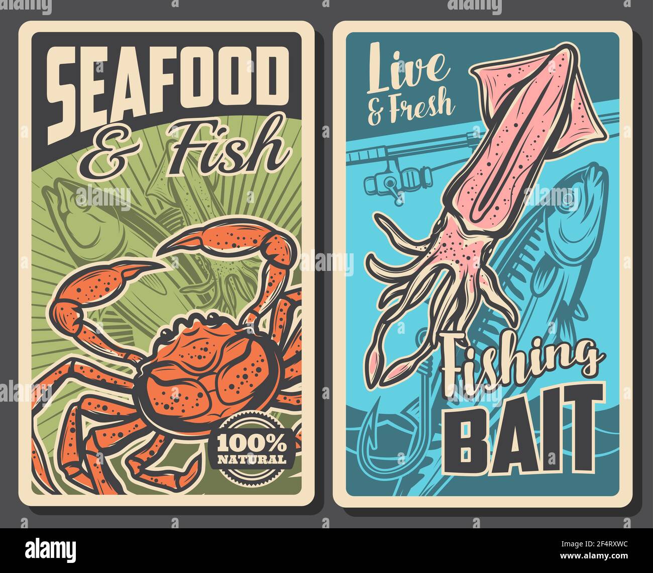 Seafood and fishing bait store banner. Fresh tuna and mackerel fish ...