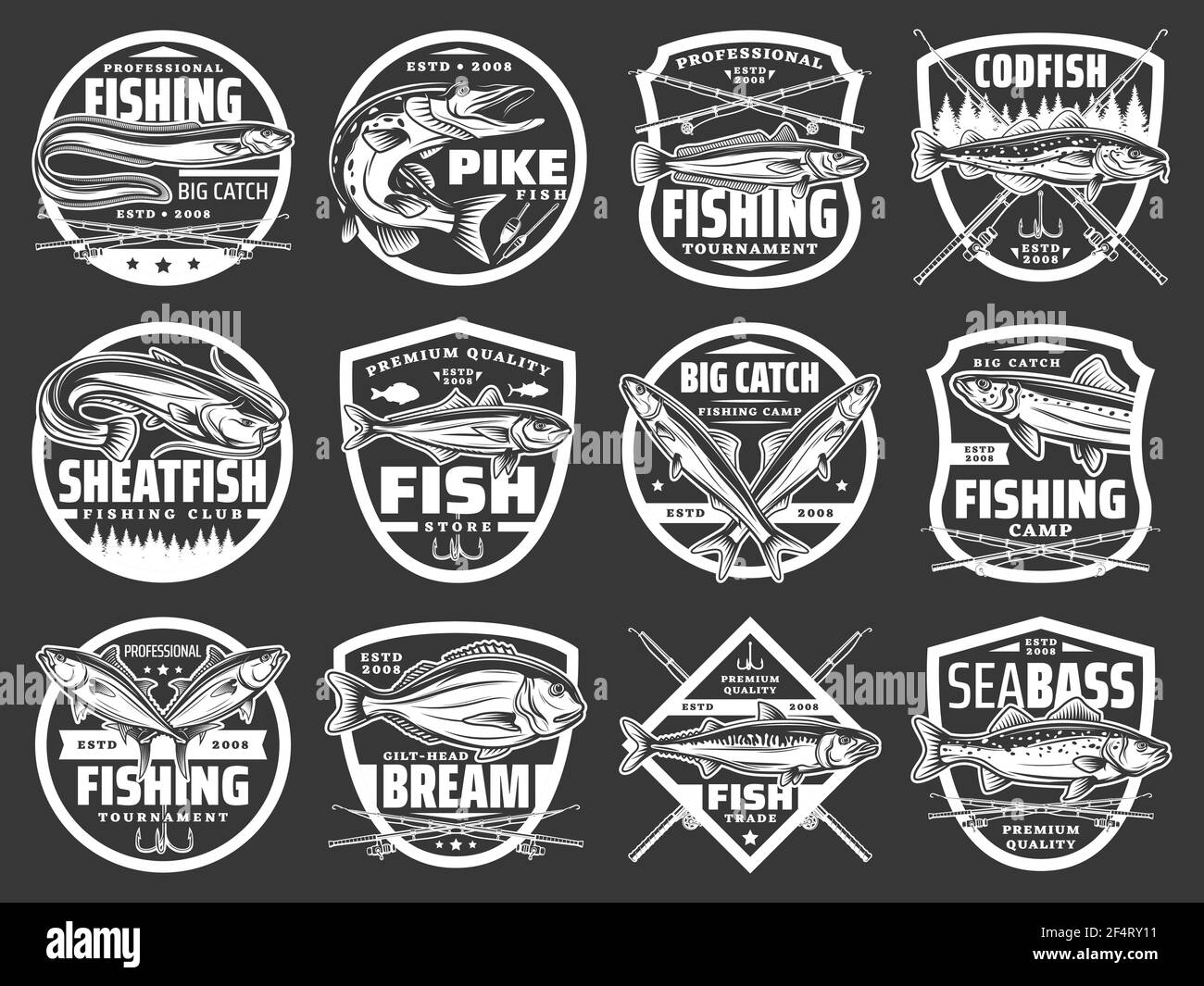 Fishing vector icons with sea eel, pike and hake, horse mackerel, gilt ...