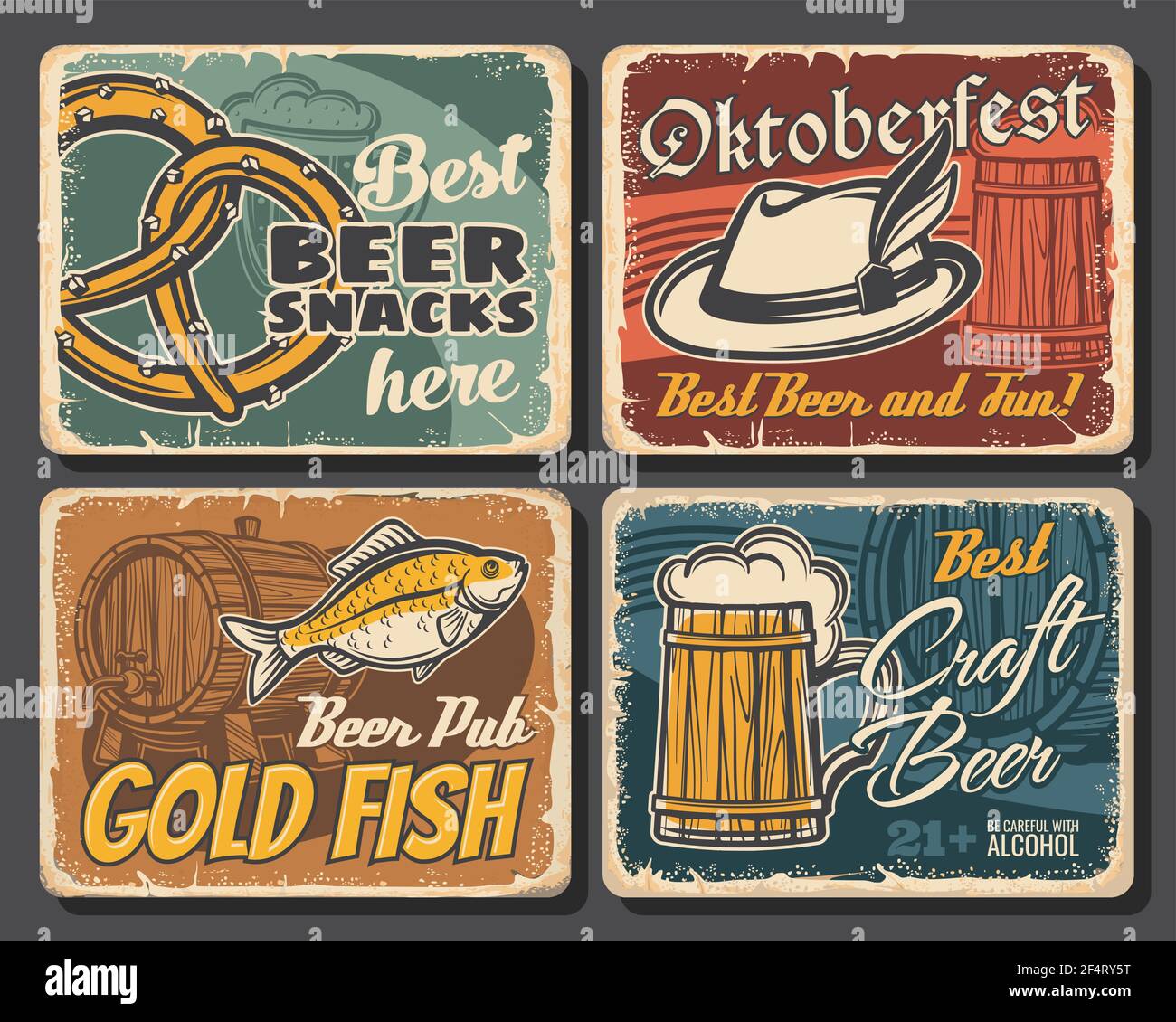 Beer alcohol drink and snack food vector posters of pub or bar, brewery ...