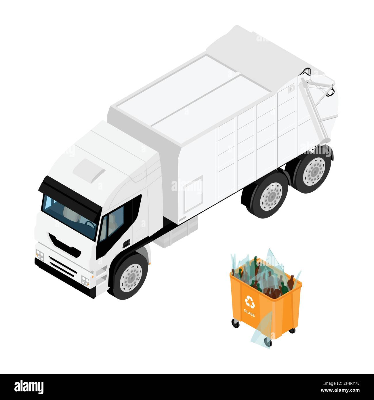 Garbage truck and container with sorted glass garbage. Recycling ...