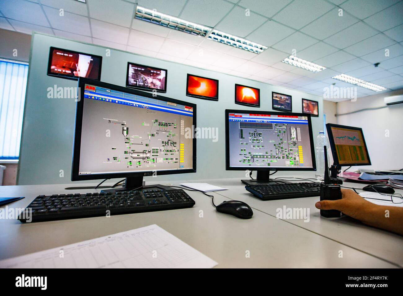 Standard Cement plant. Operational control room. Computer and video ...