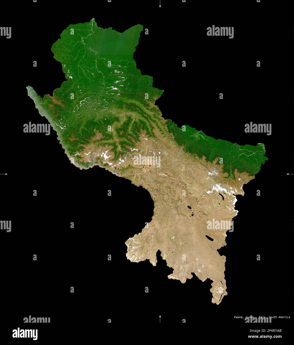 Cusco, region of Peru. Sentinel-2 satellite imagery. Shape isolated on ...