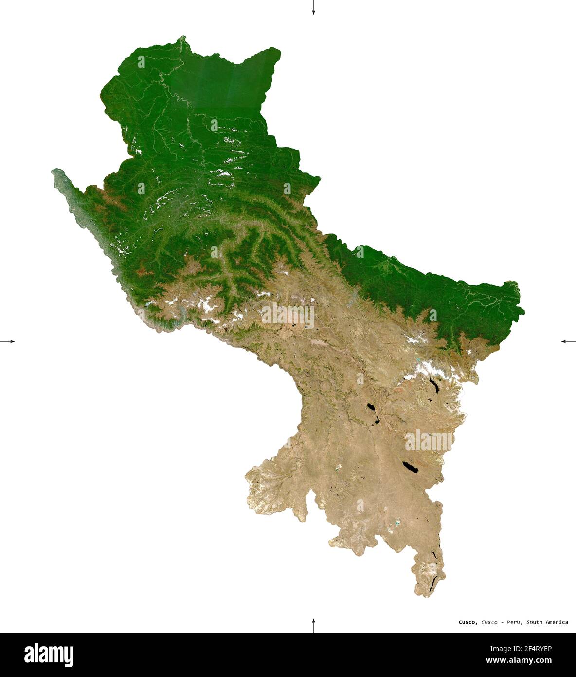 Cusco, region of Peru. Sentinel-2 satellite imagery. Shape isolated on ...