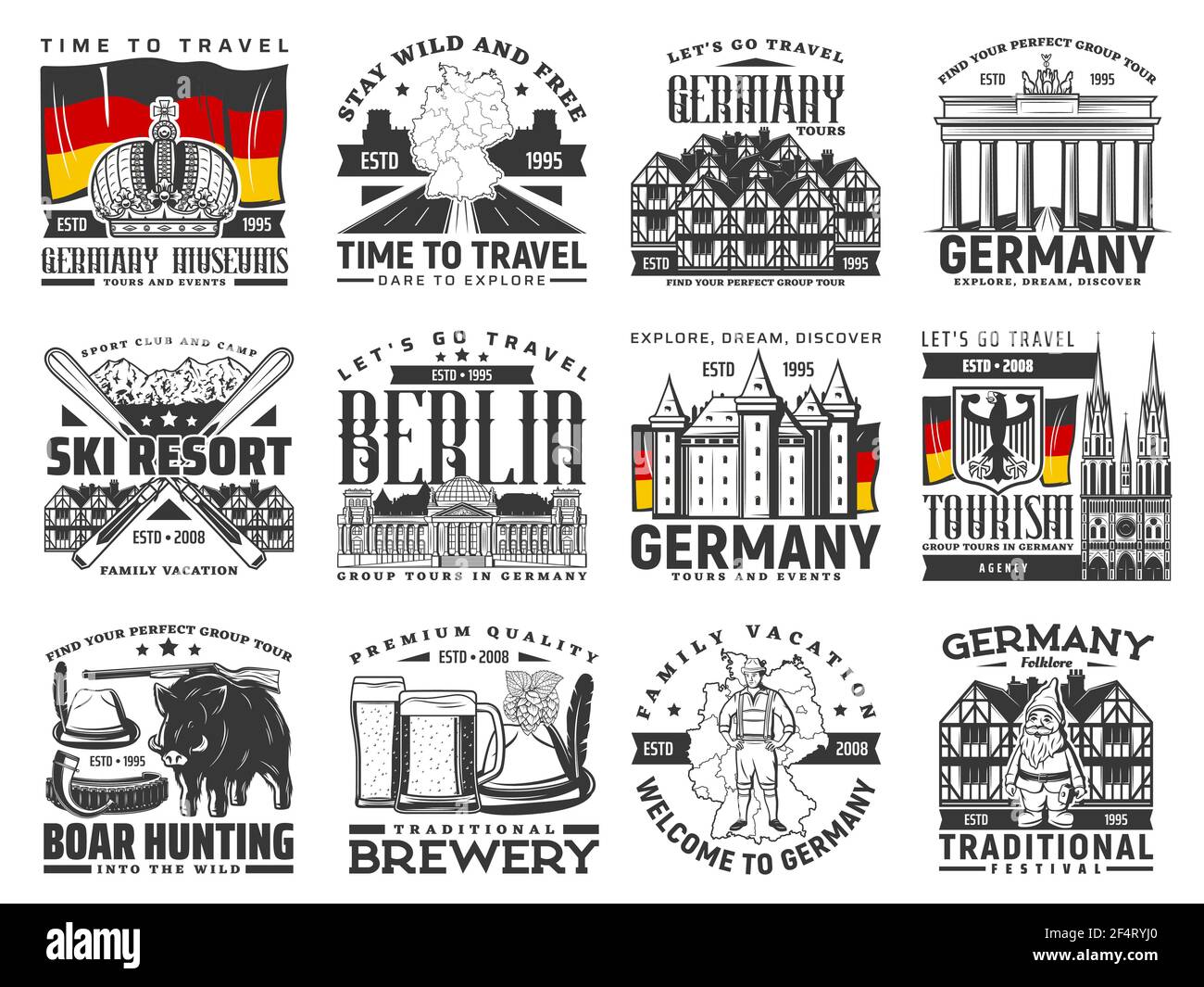 Travel to Germany vector icons, German famous landmarks, architecture ...