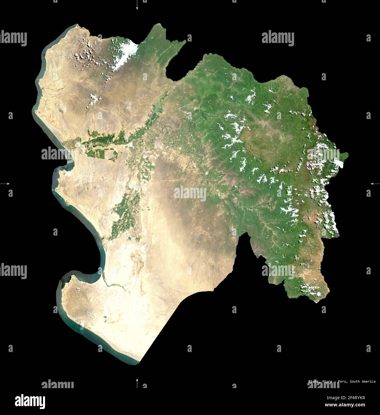 Piura, region of Peru. Sentinel-2 satellite imagery. Shape isolated on ...