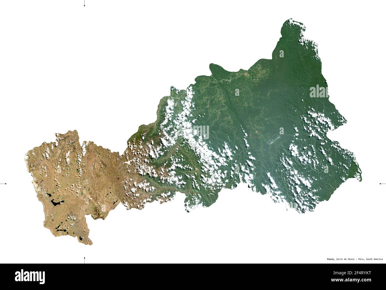 Pasco, region of Peru. Sentinel-2 satellite imagery. Shape isolated on ...