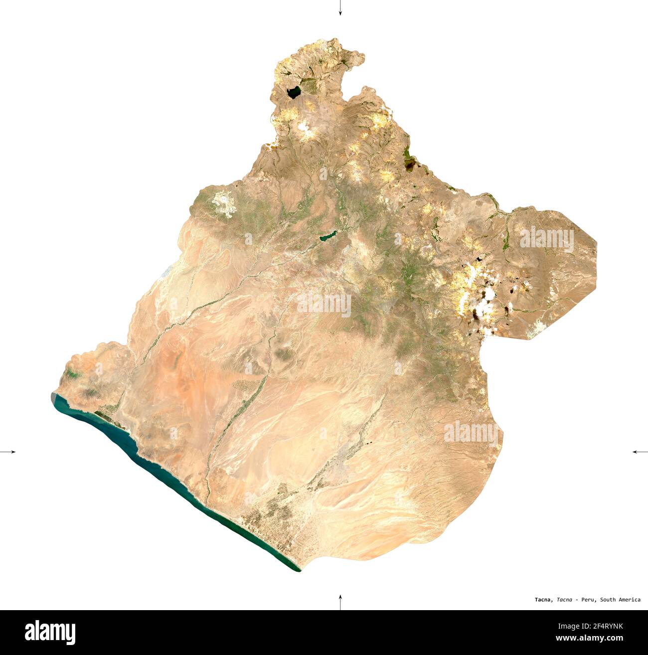 Tacna, region of Peru. Sentinel-2 satellite imagery. Shape isolated on ...