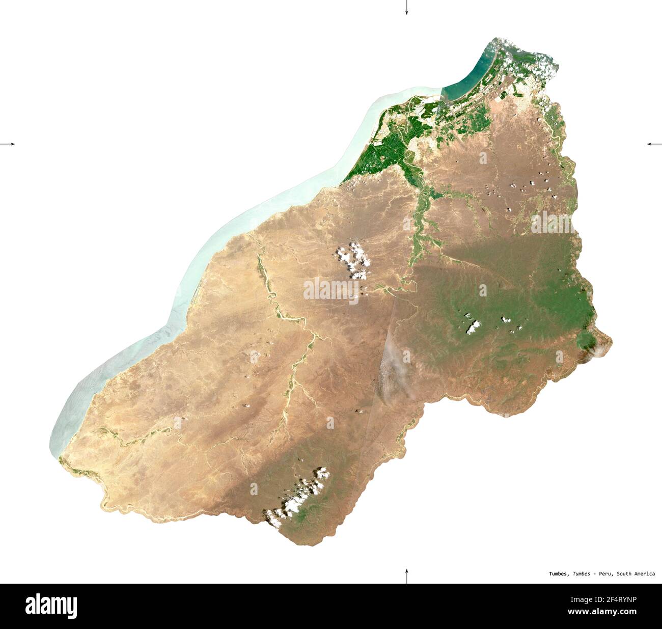 Tumbes, region of Peru. Sentinel-2 satellite imagery. Shape isolated on ...