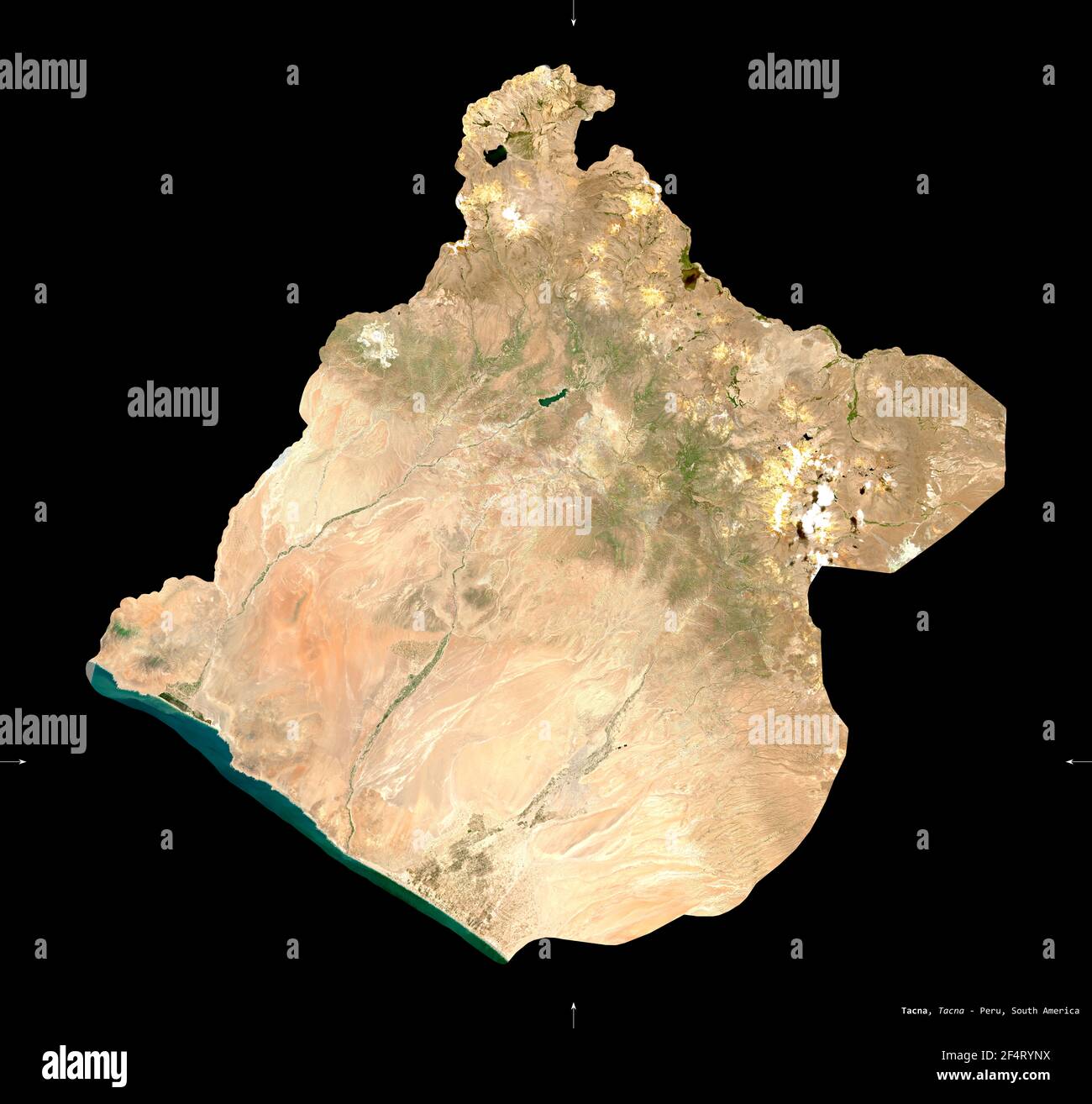 Tacna, region of Peru. Sentinel-2 satellite imagery. Shape isolated on ...