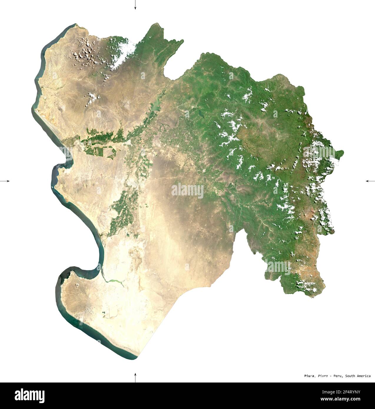 Piura, region of Peru. Sentinel-2 satellite imagery. Shape isolated on ...