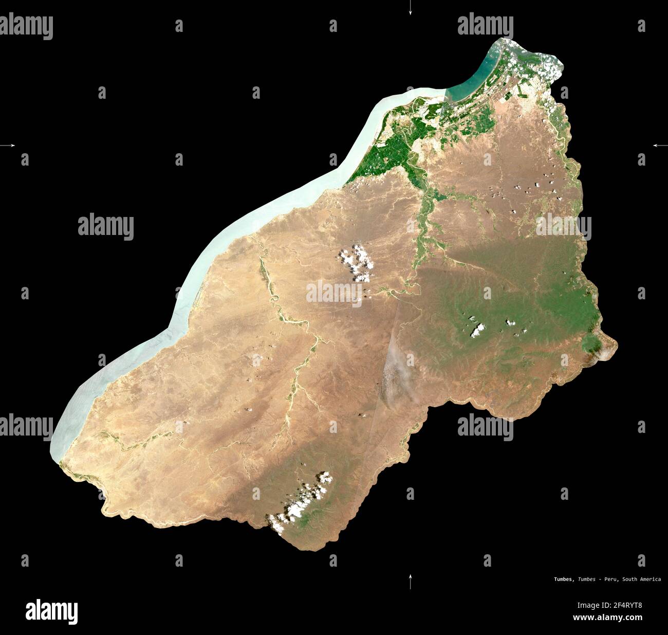 Tumbes, region of Peru. Sentinel-2 satellite imagery. Shape isolated on ...