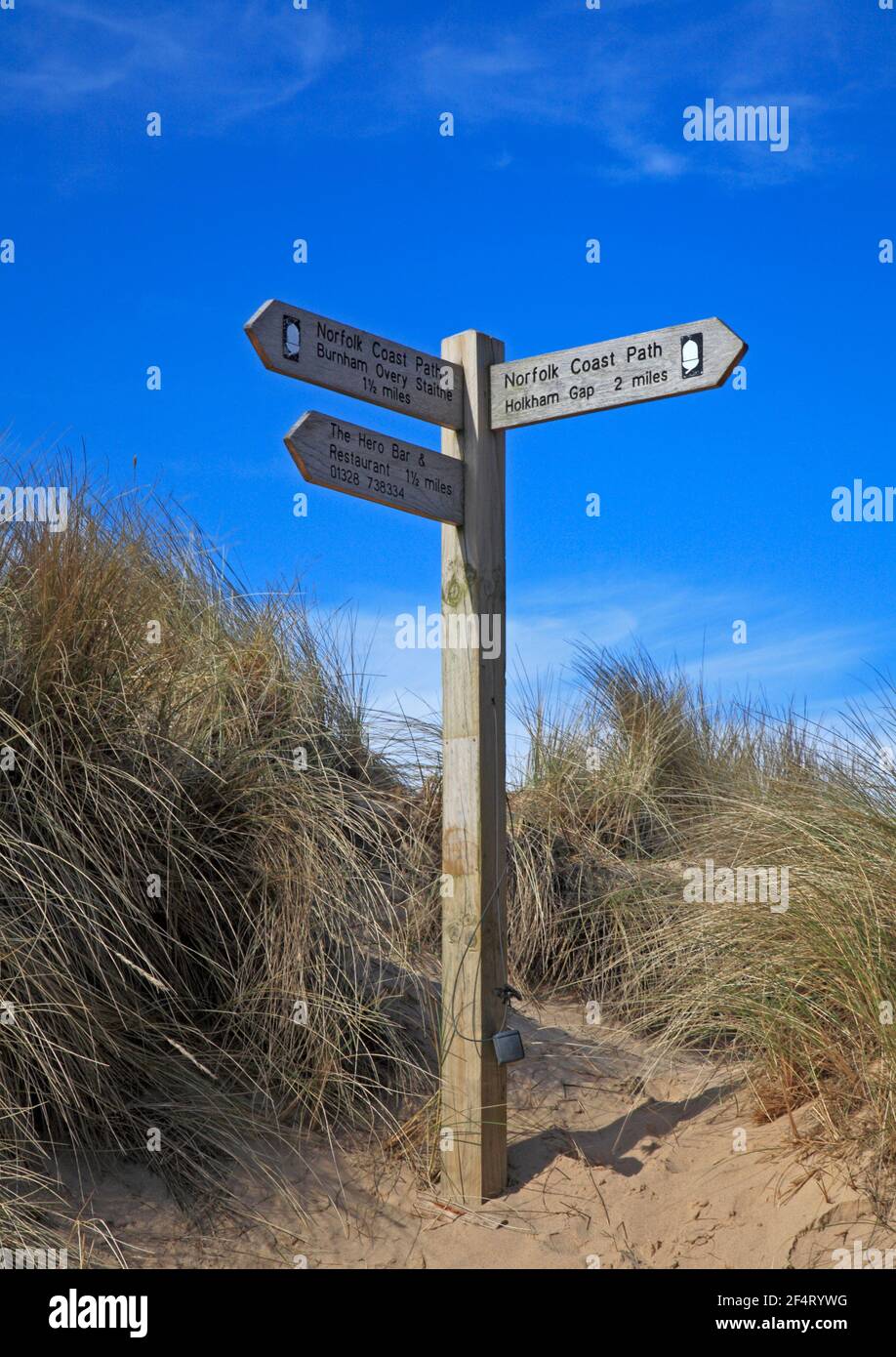 A finger post sign in sand dunes on the Norfolk Coast Path between ...