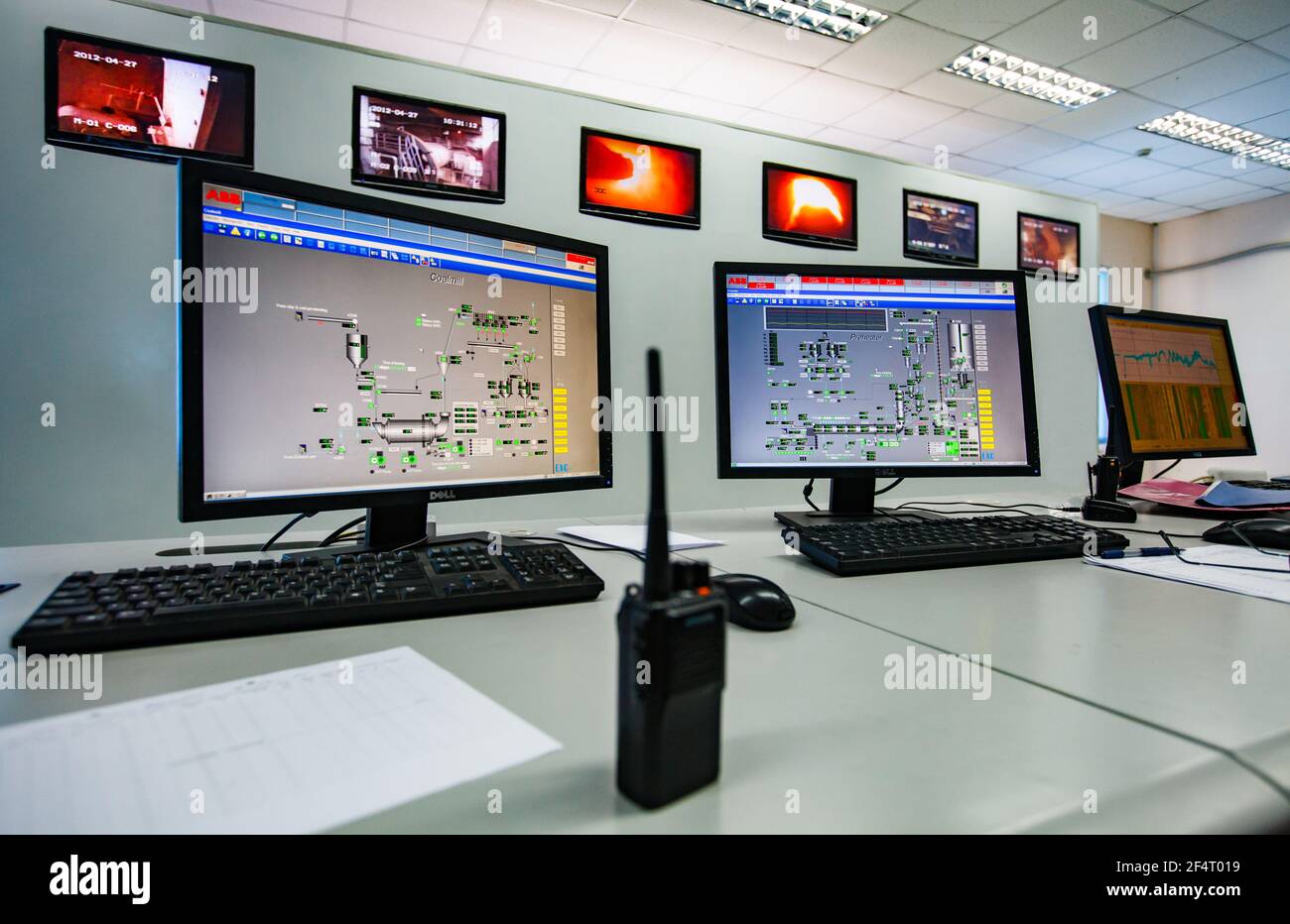 Standard Cement plant. Control room and computer and video displays. No ...
