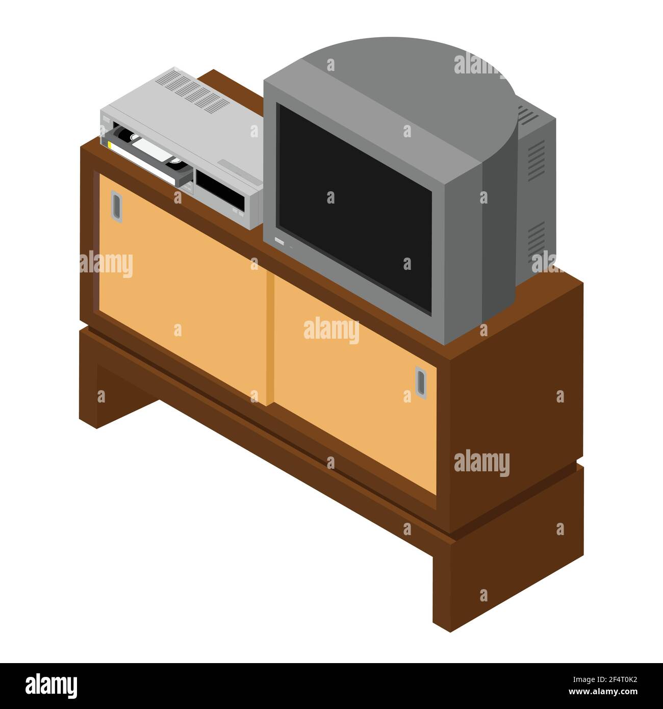 Retro old TV receiver and recorder with cassette on table isometric ...