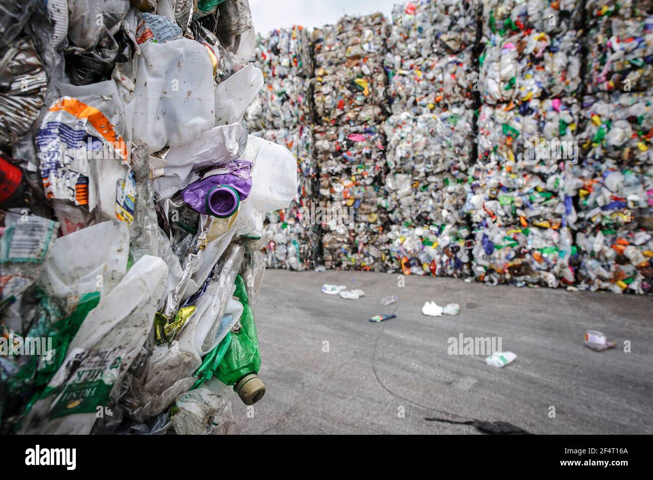 Bales of plastic waste at a materials recycling facility in the UK ...