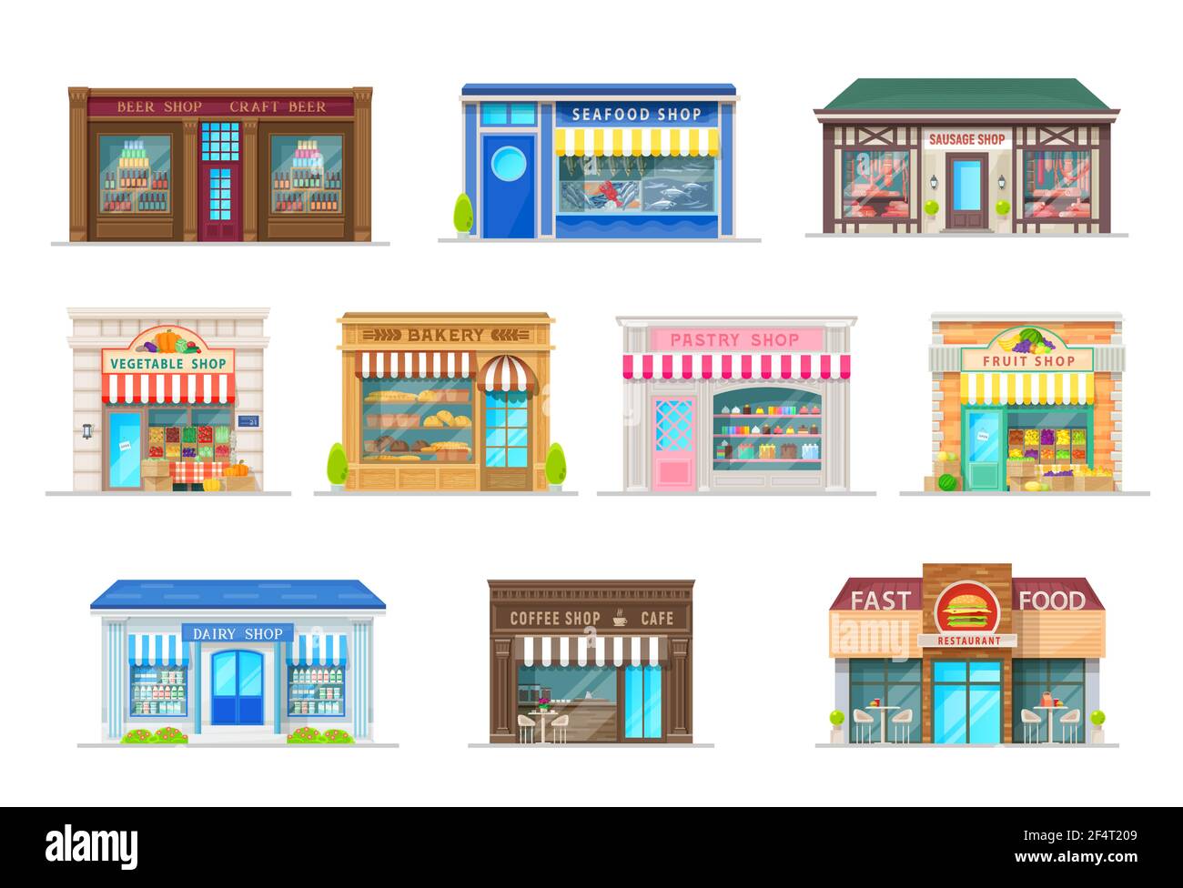 Building vector icons of store, shop and fast food restaurant, bakery ...