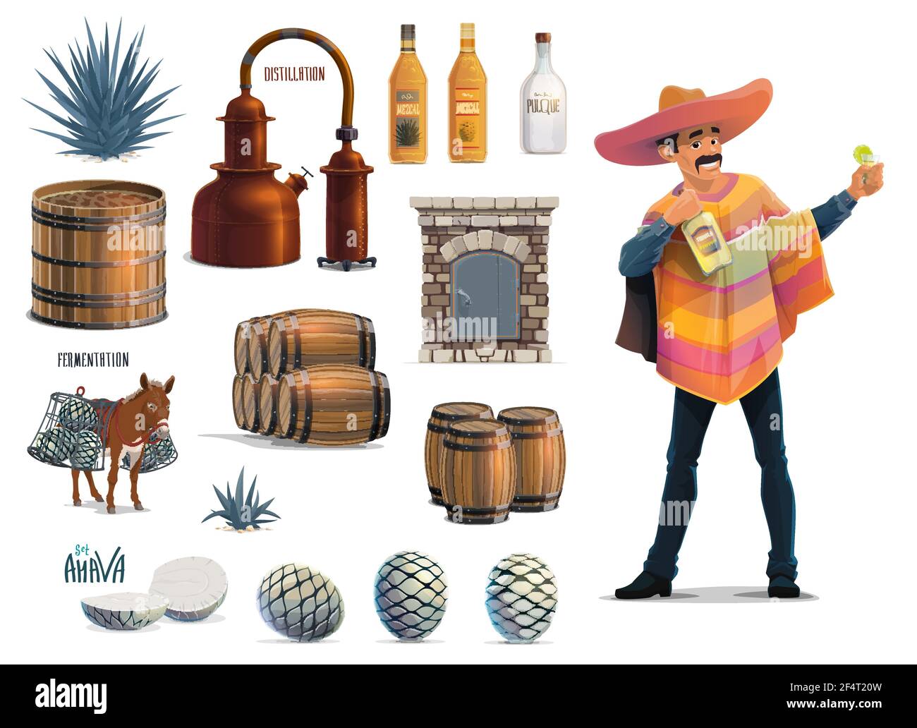 Tequila making, Mexican agave alcohol drink production, vector ...