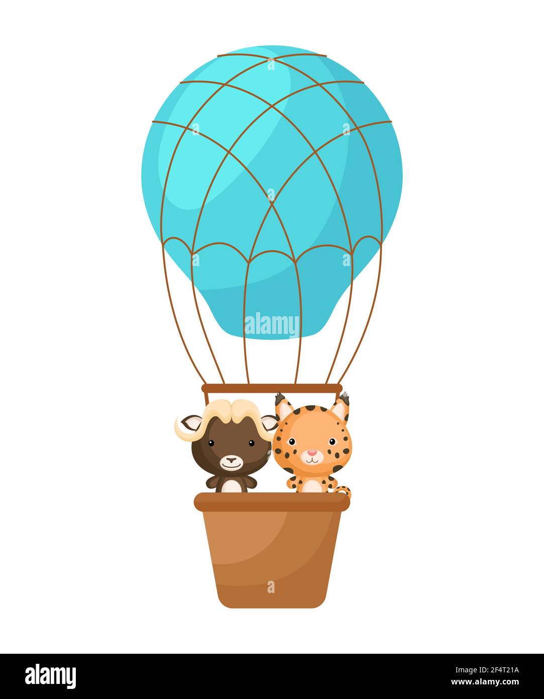 Cute little lynx, musk-ox fly on blue hot air balloon. Cartoon ...