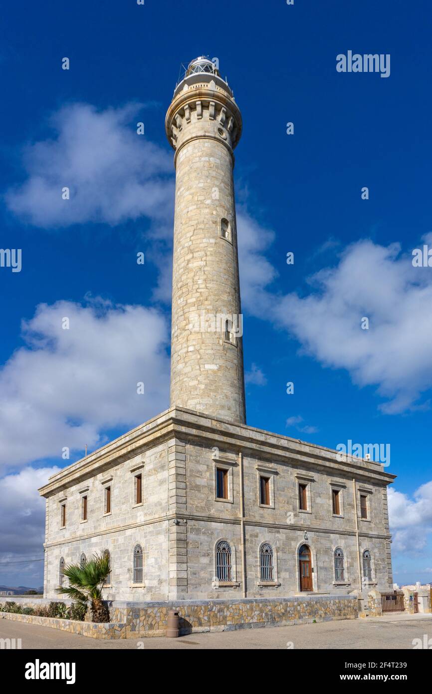 A vertical close up view of the Cape Palos lighthouse in Spain Stock ...