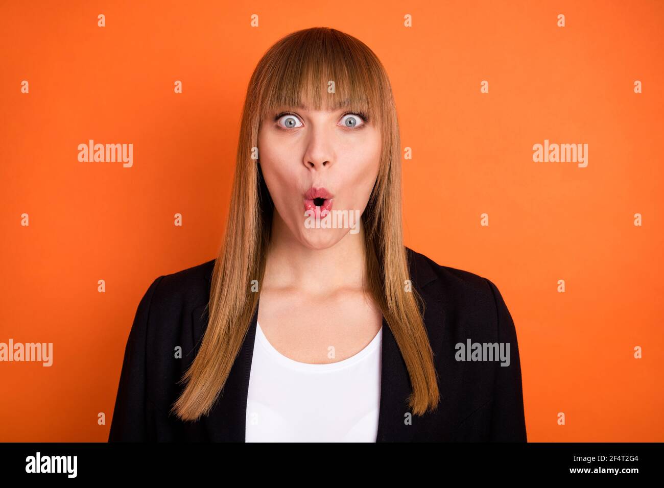 Photo Of Impressed Nice Blond Hair Lady Blow Kiss Wear Black Jacket
